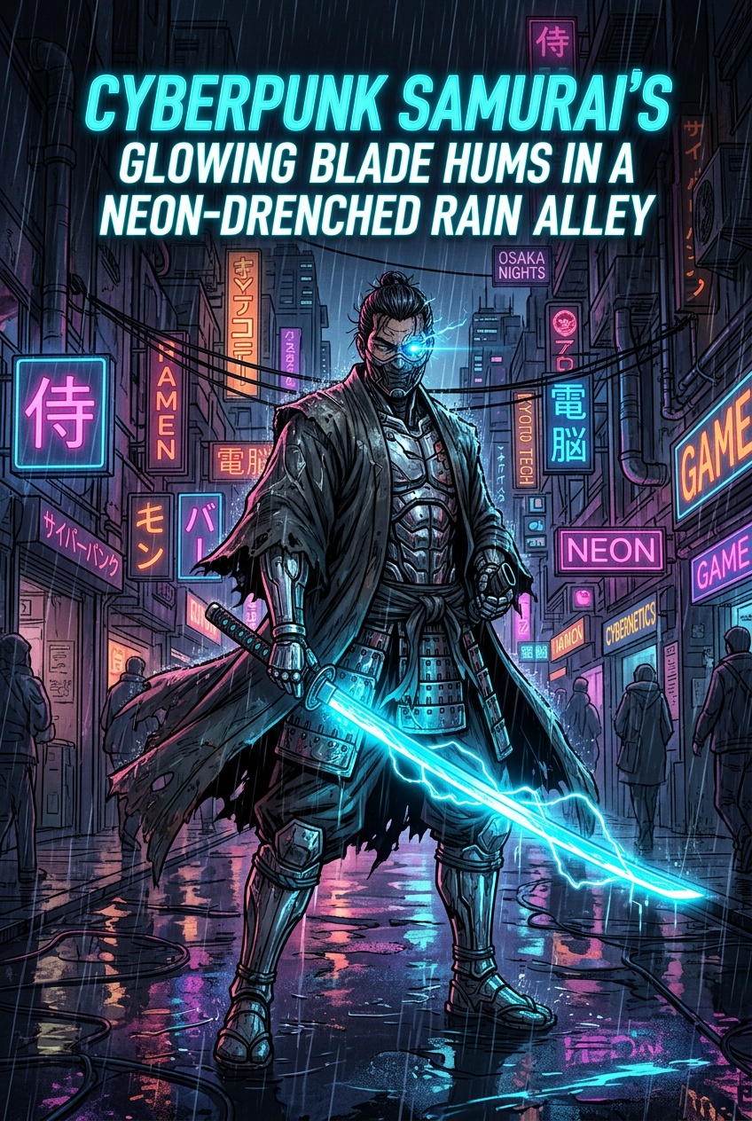 Cyberpunk Samurai's Glowing Blade Hums in a Neon-Drenched Rain Alley ...