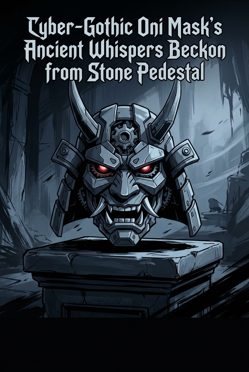 Cyber-Gothic Oni Mask's Ancient Whispers Beckon from Stone Pedestal ...